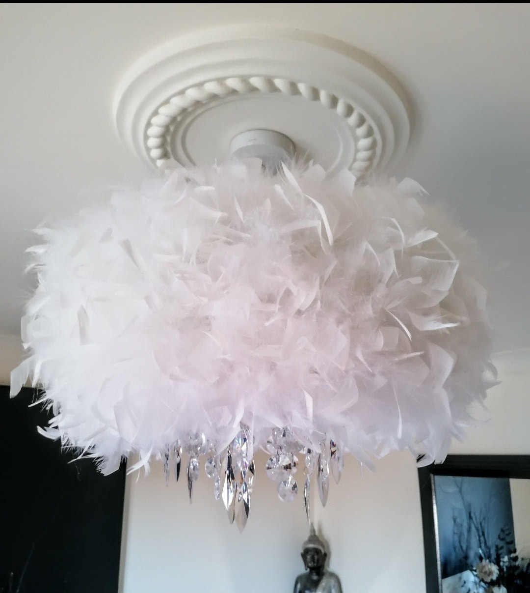 Large White Feather Ceiling Shade Chandelier Style Distressed Droplets ...