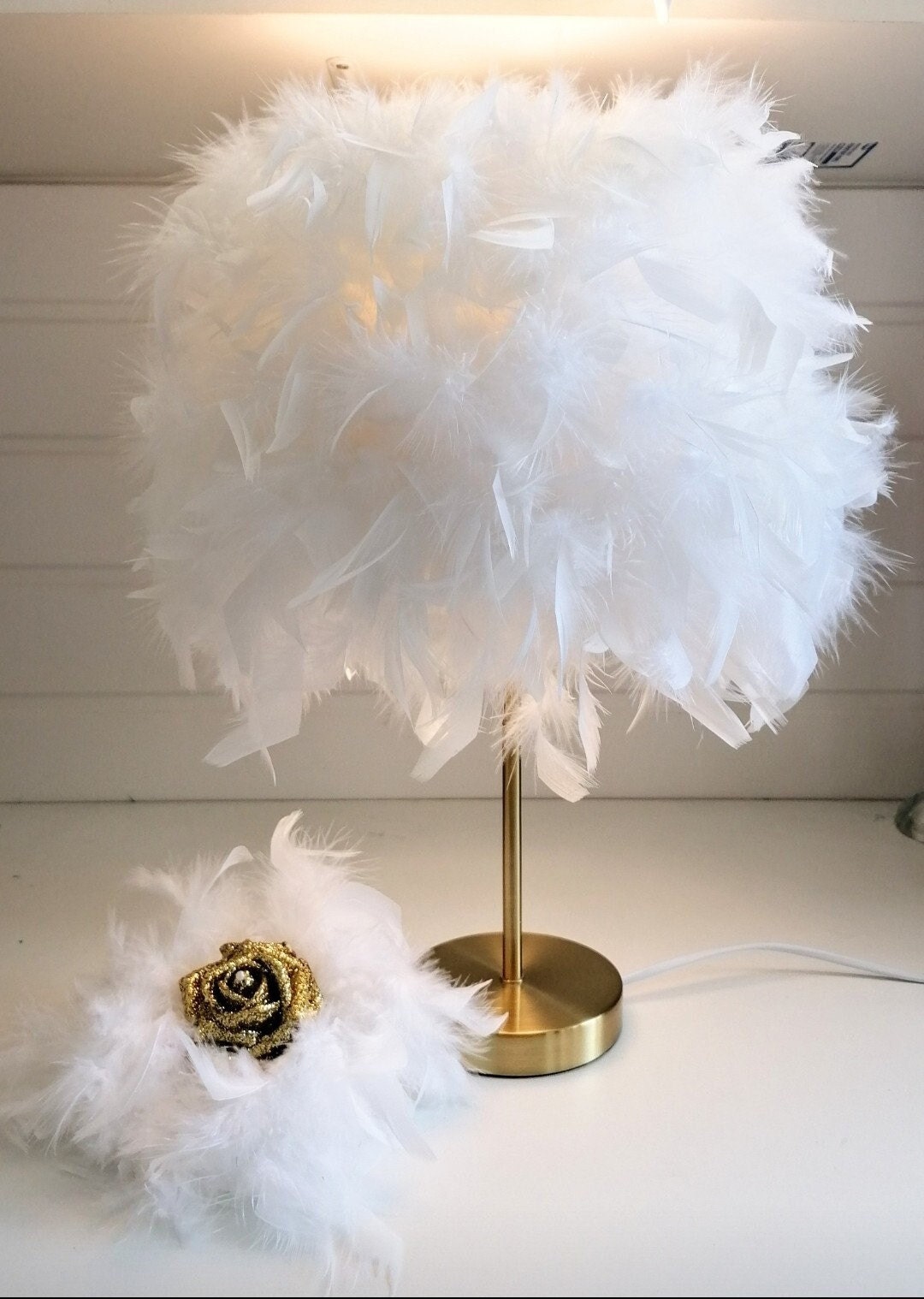 White or Black Feather Table Lamp Brushed Gold Base or Black Base ...