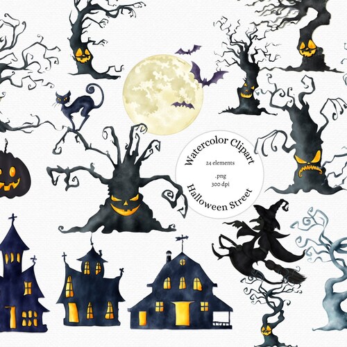 Watercolor Spooky Trees Clipart Halloween Items Download - Etsy