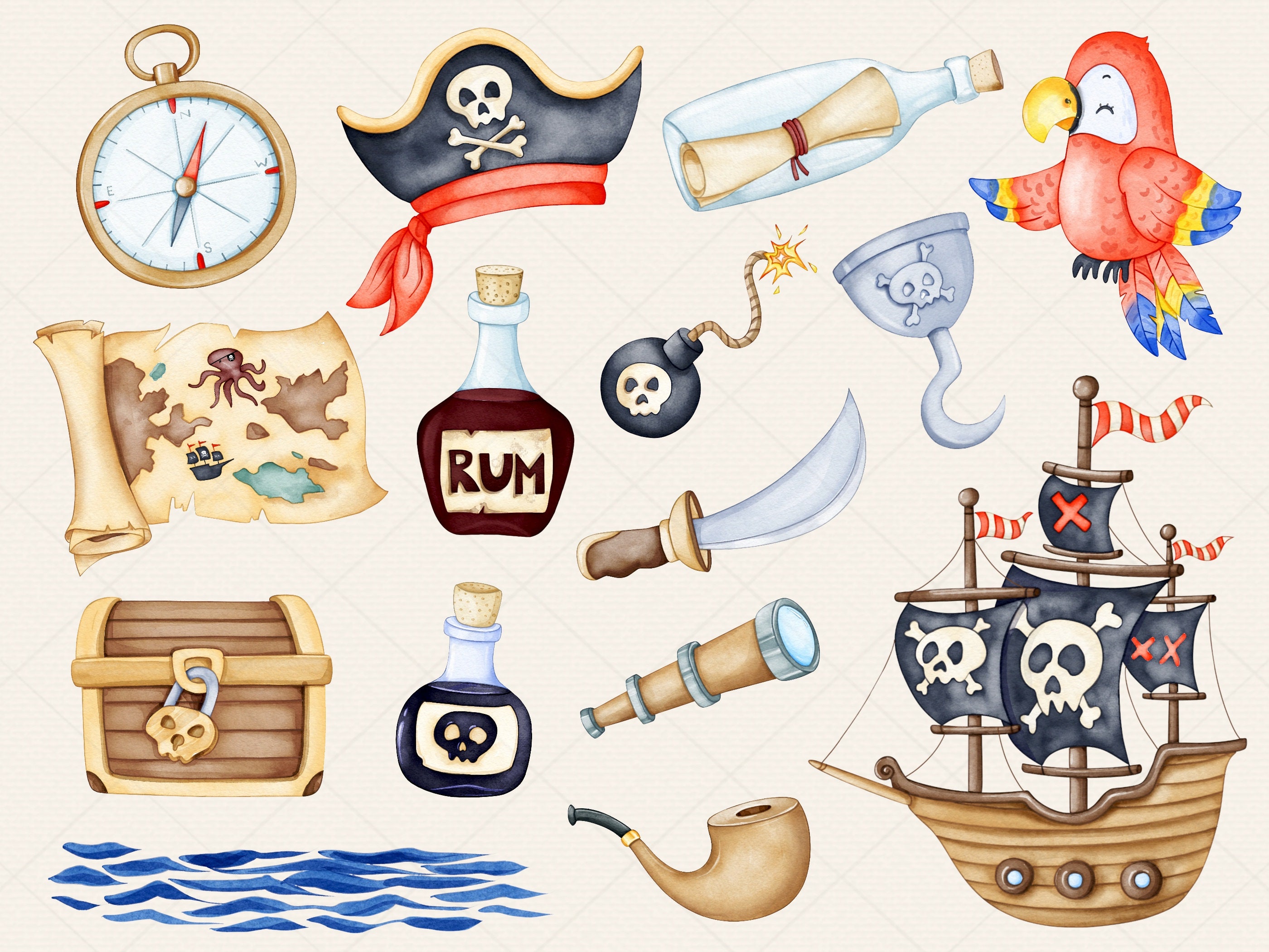 Watercolor Pirate Clipart: Nautical PNG Graphics (digital Download) - Etsy