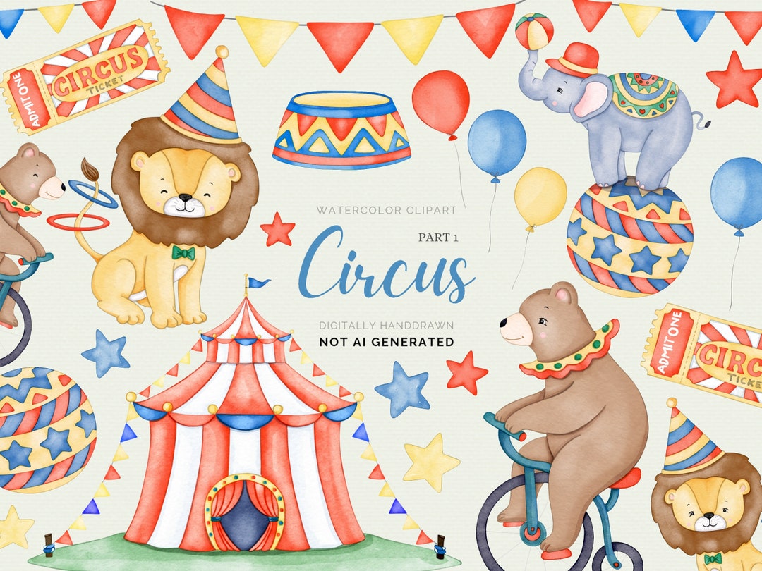 Watercolor Circus Clipart, Cute Circus Animals Clip Art, Circus Lion ...