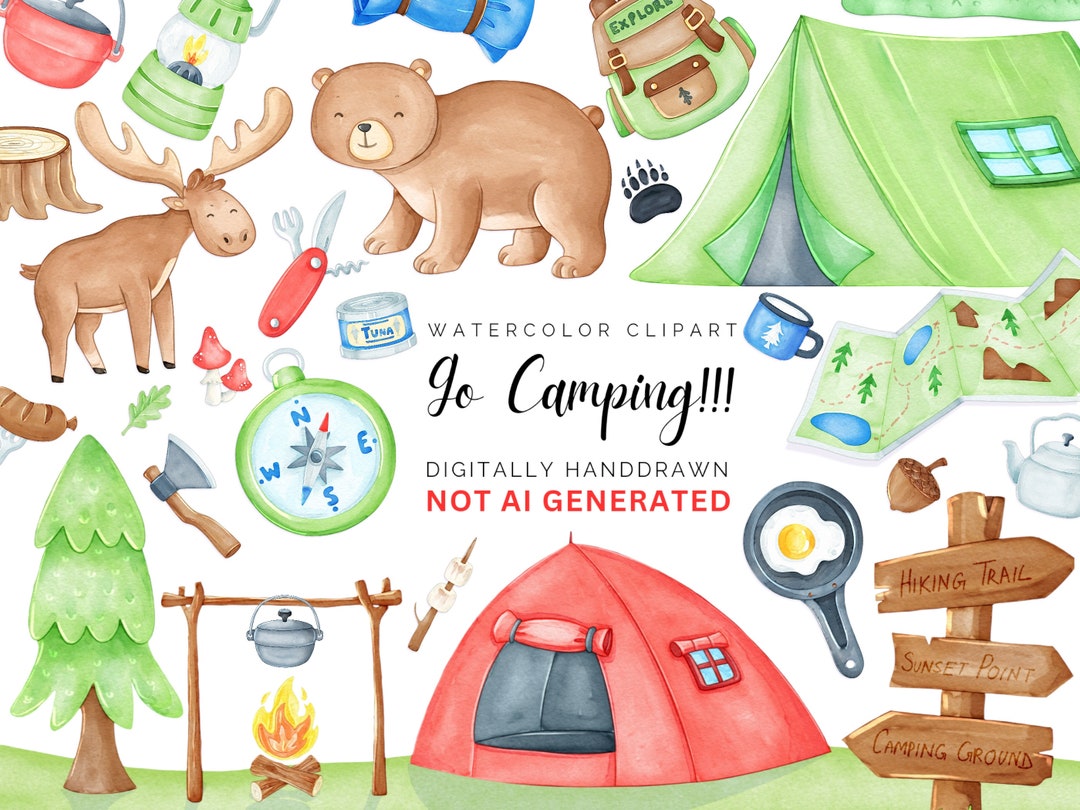 Watercolor Camping Clipart Bundle: Summer Campfire PNG Files (digital ...