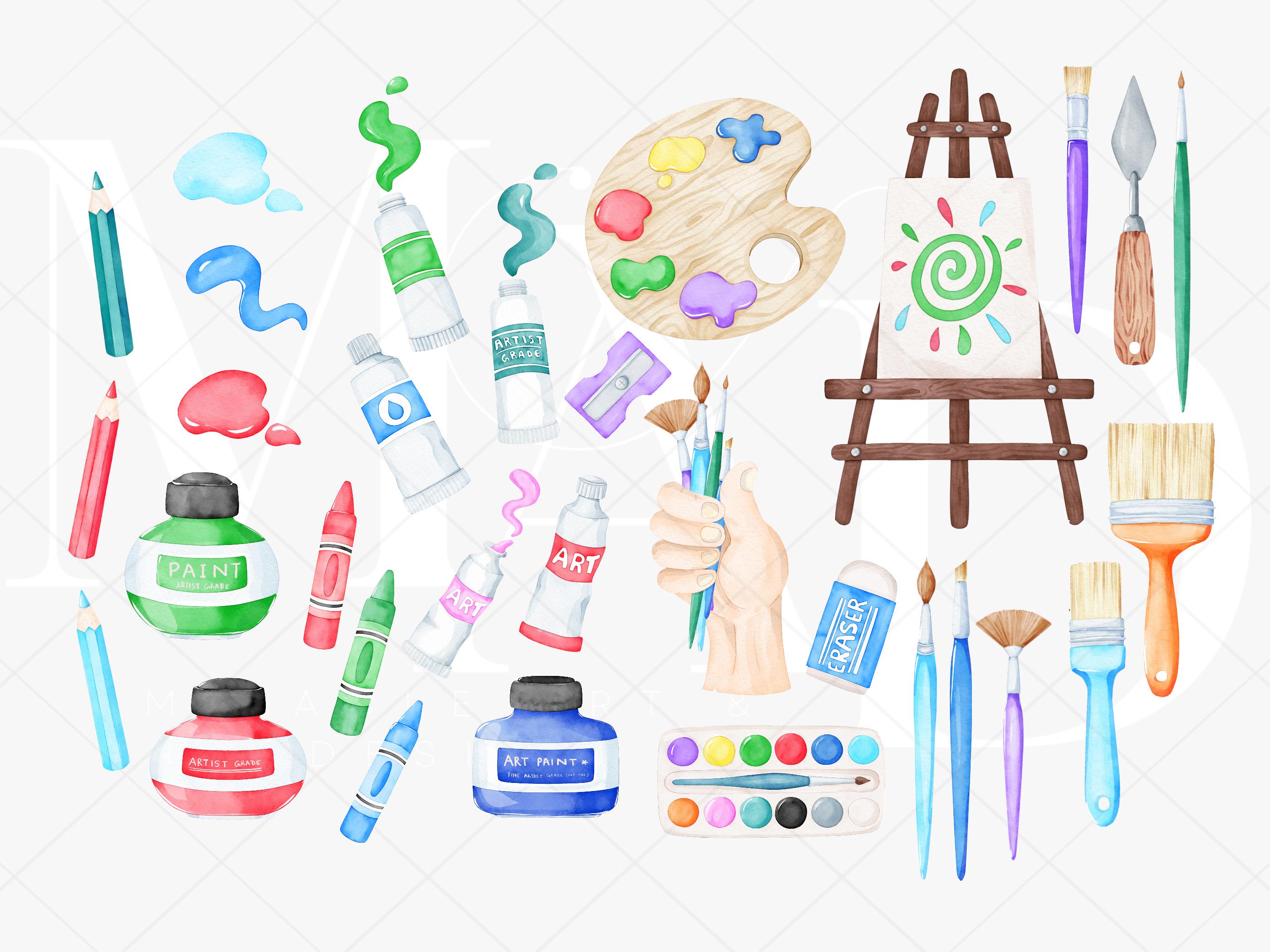 Watercolor Art Supplies Clipart Bundle: Hand-drawn PNG Images (digital ...