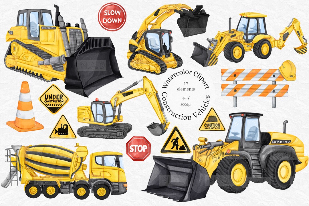 Watercolor Construction Vehicle Clipart: Truck, Excavator, Digger (PNG ...