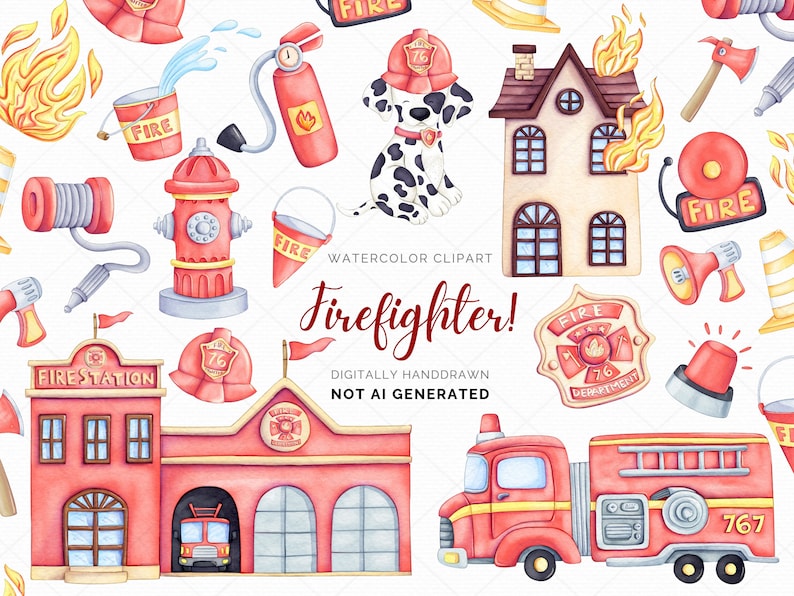 Watercolor Fire Truck Clipart: Firefighter, Dog, Station (PNG Digital ...