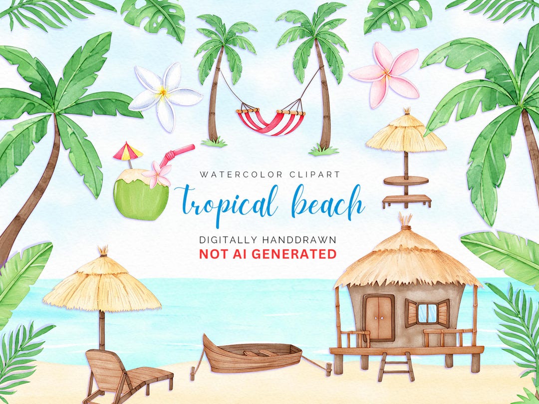 Watercolor Tropical Beach Clipart Bundle: Summer Vacation PNG (digital ...