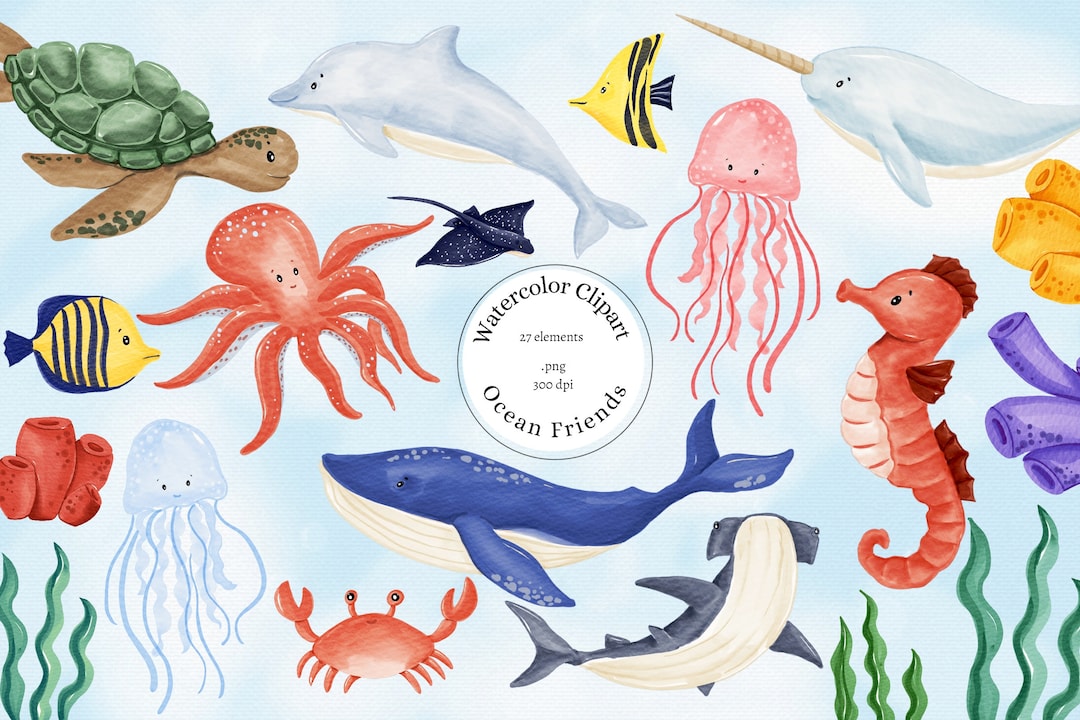 Watercolor Ocean Animals Clipart, Sea Creatures Clipart, Whale, Shark ...