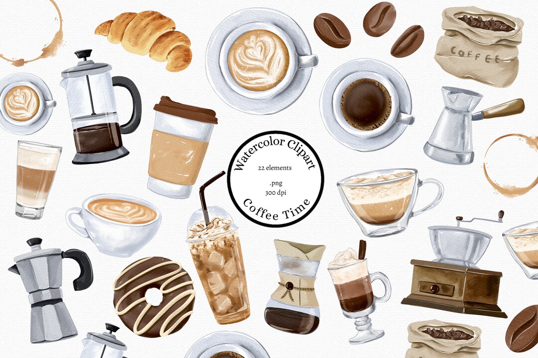 Watercolor Coffee Clipart Set: Cafe Drinks, Beans, and Supplies (PNG ...