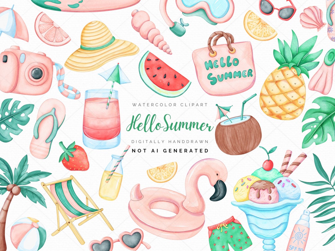 Watercolor Summer Clipart Bundle: Beach, Flamingo, Pool Party (PNG ...