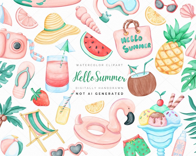Summer Clipart Set With Cute Kawaii Cartoon Characters. 34 Digital ...