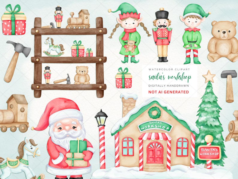 Watercolor Santa's Workshop Clipart: Christmas Elves, Toys (PNG Digital ...