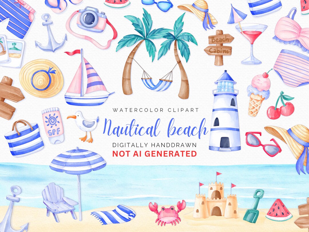 Watercolor Summer Beach Clipart: Nautical Vacation PNG Images (digital ...
