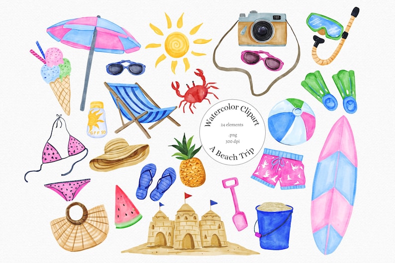 Watercolor Summer Beach Clipart: Tropical Vacation PNG (digital ...
