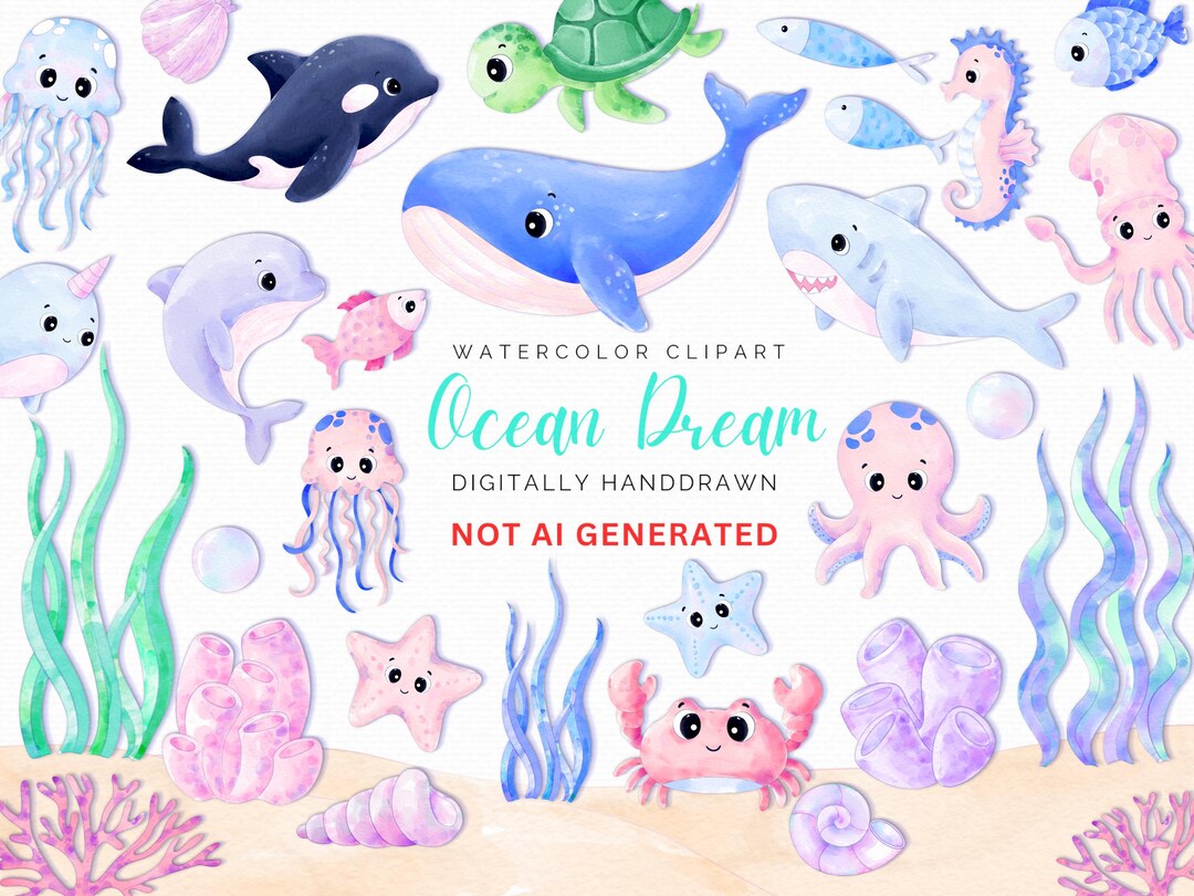 Watercolor Ocean Animals Clipart: Sea Life PNG Graphics (digital ...