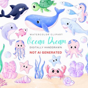 Watercolor Ocean Animals Clipart, Sea Creatures Clipart, Whale, Shark ...