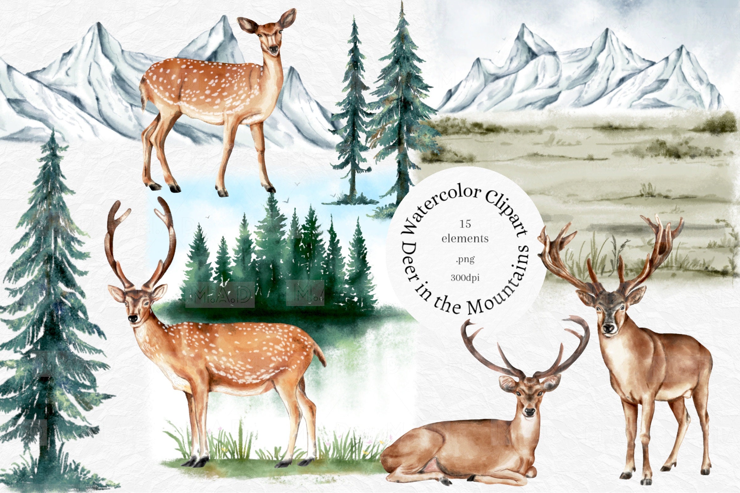 Woodland Clipart Watercolor Deer Clip Art Winter Mountain - Etsy