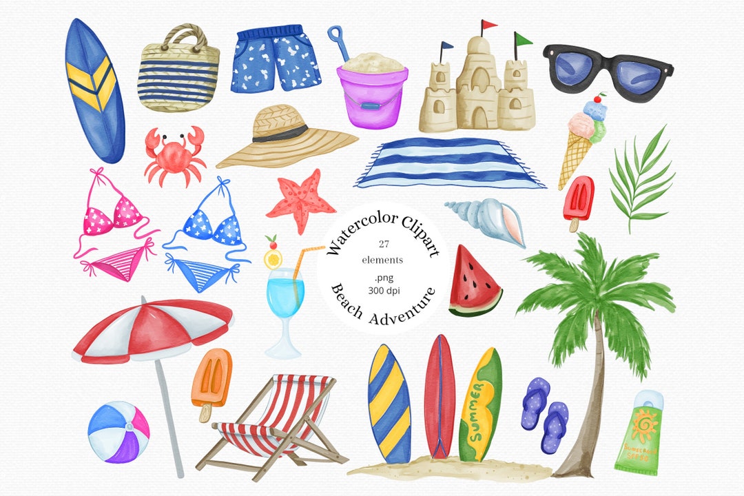 Watercolor Beach Clipart: Summer Vacation PNG Graphics (digital ...