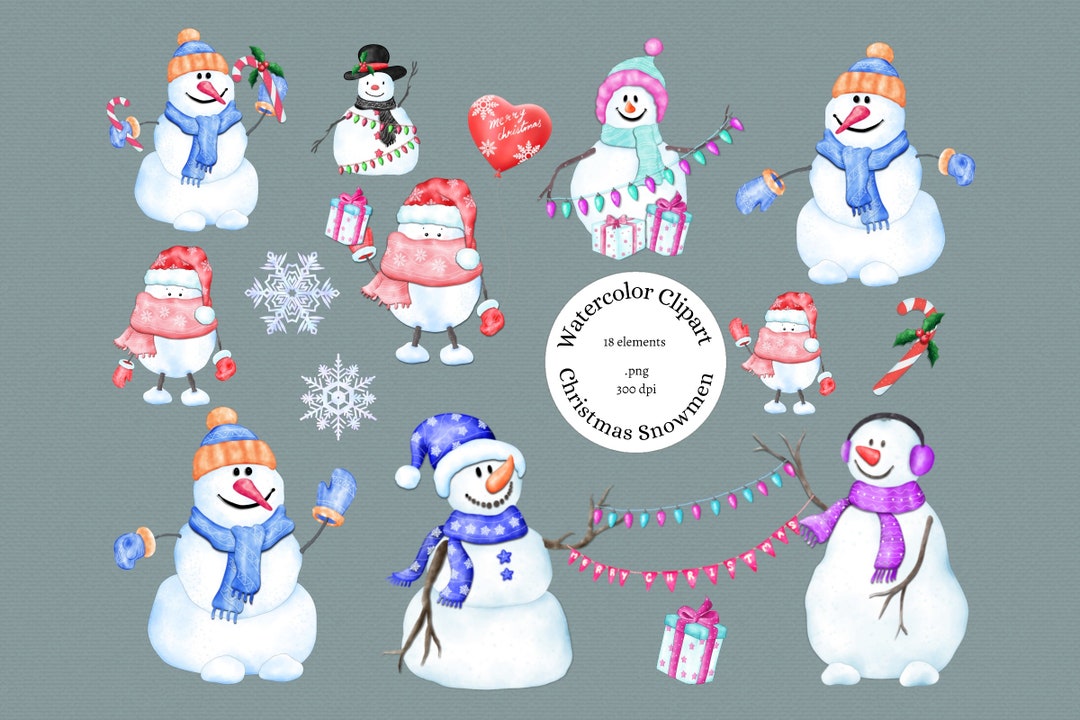 Christmas Snowman Clipart, Watercolor Christmas Clipart, Snowmen ...