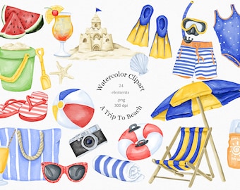 Watercolor Summer Beach Vacation Clip Art Travel Clipart - Etsy