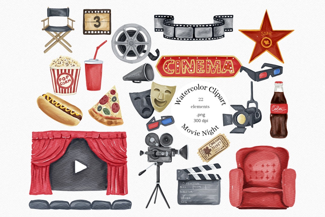 Watercolor Movie Clipart, Movie Night Clipart, Cinema Clipart, Popcorn ...