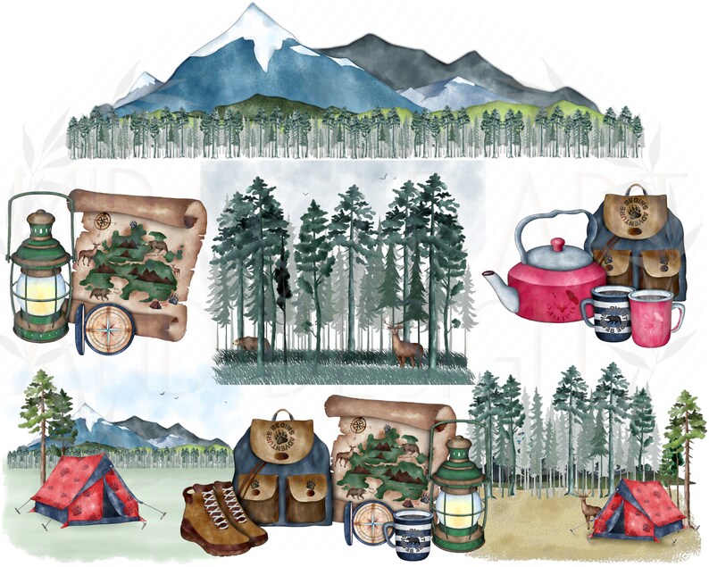 Watercolor Camping clip art Summer Outdoor Woodland Adventure | Etsy