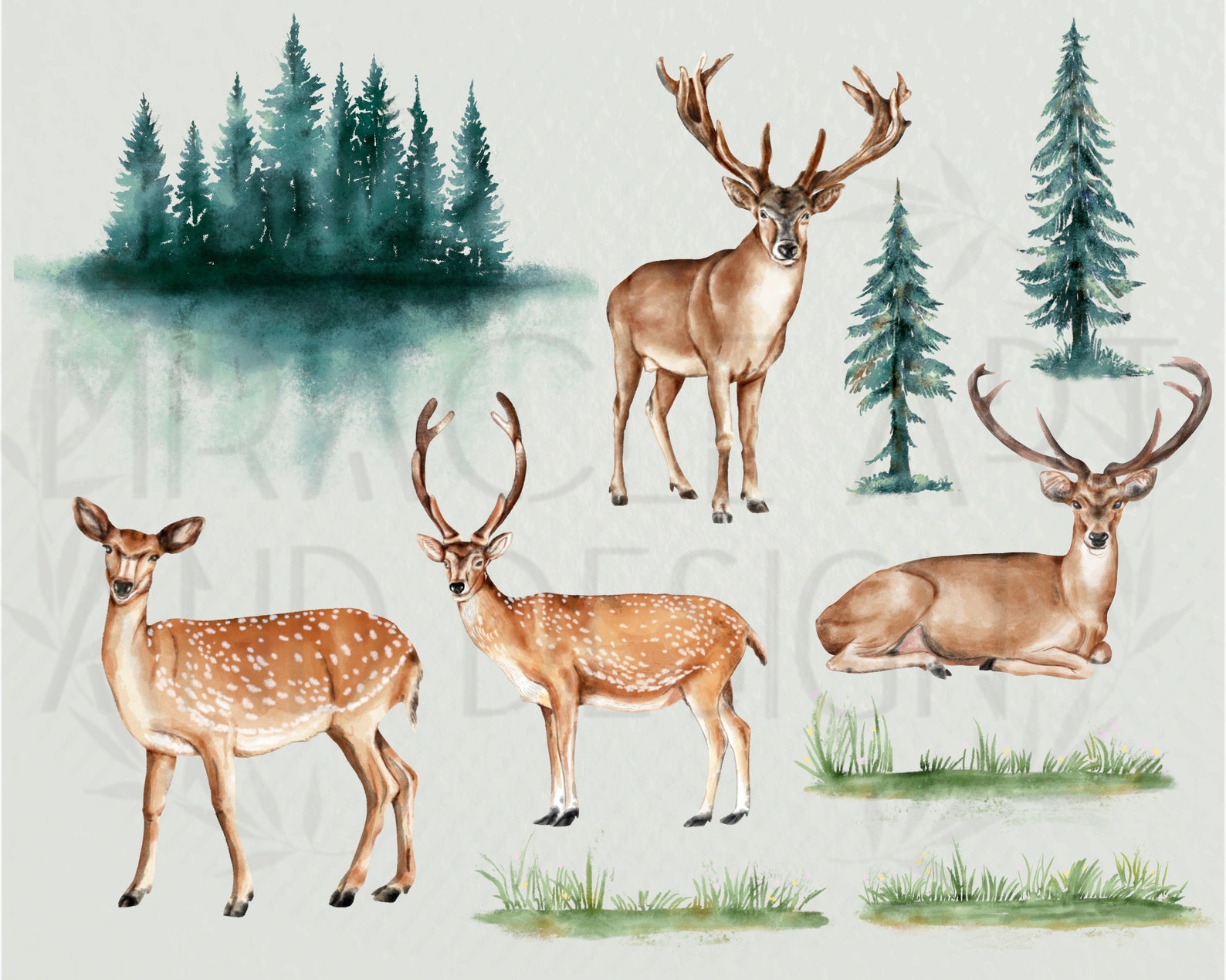 Woodland Clipart Watercolor Deer Clip Art Winter Mountain - Etsy
