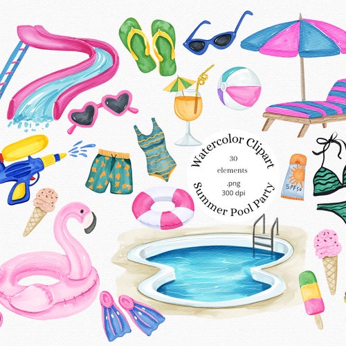Watercolor Pool Party Clipart Summer Clipart Summer Vacation - Etsy