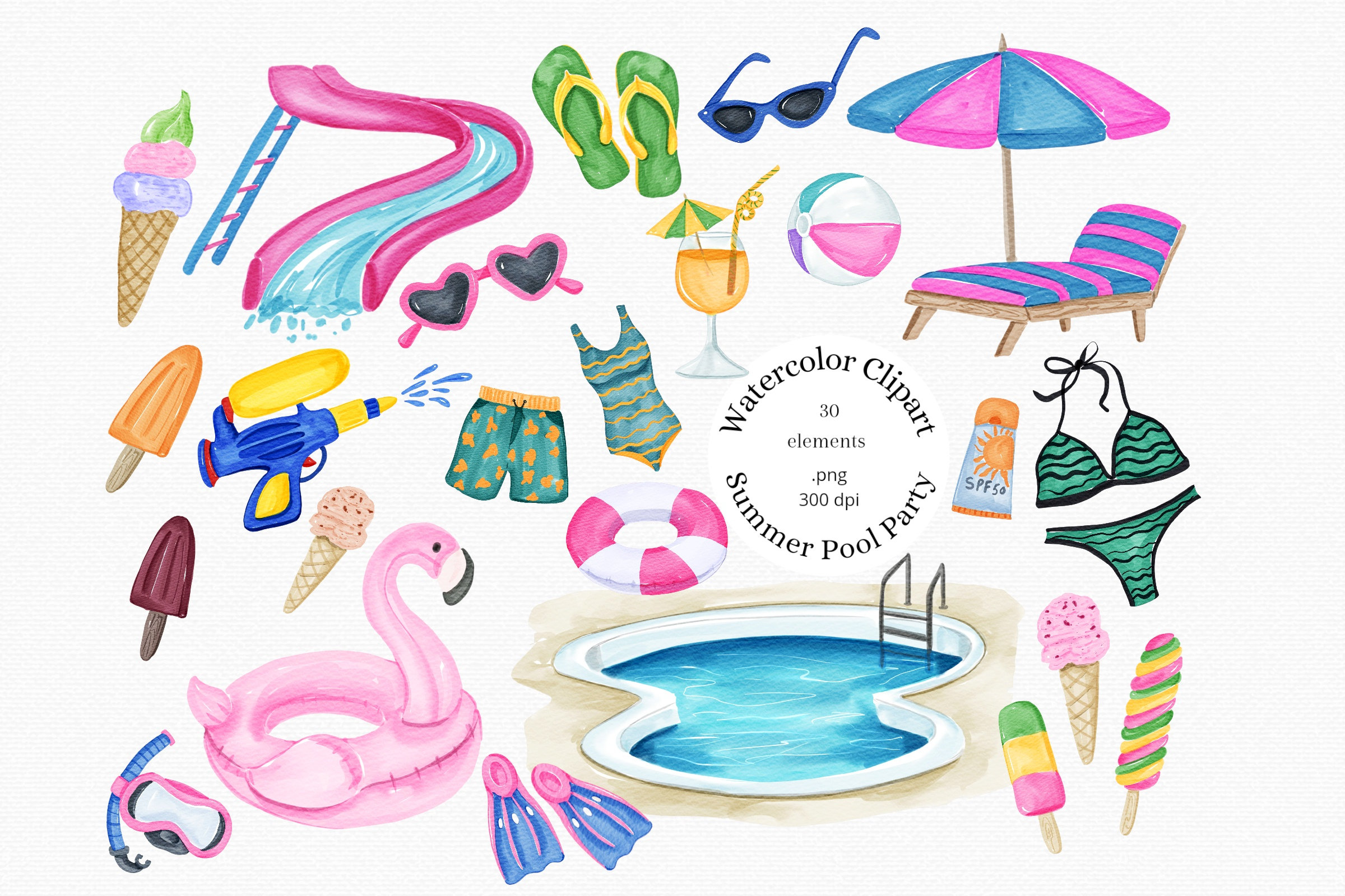 Watercolor Pool Party Clipart Summer Clipart Summer Vacation - Etsy