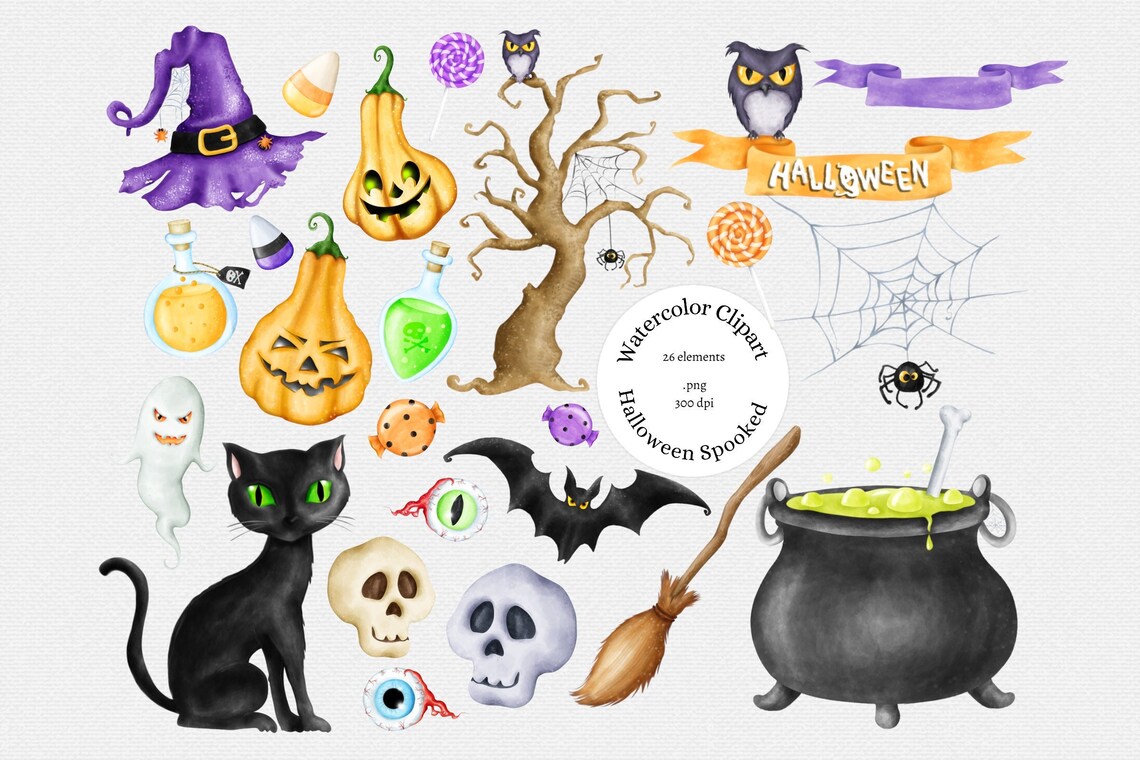 Watercolor Halloween Clipart Spooky Halloween Clipart Witch - Etsy