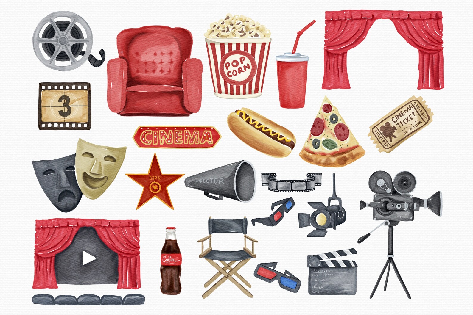 Watercolor Movie Clipart, Movie Night Clipart, Cinema Clipart, Popcorn ...