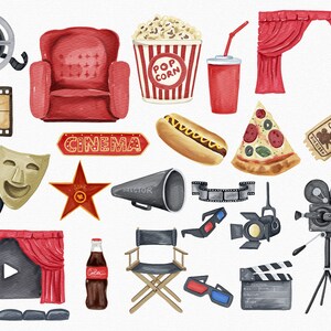 Watercolor Movie Clipart, Movie Night Clipart, Cinema Clipart, Popcorn ...