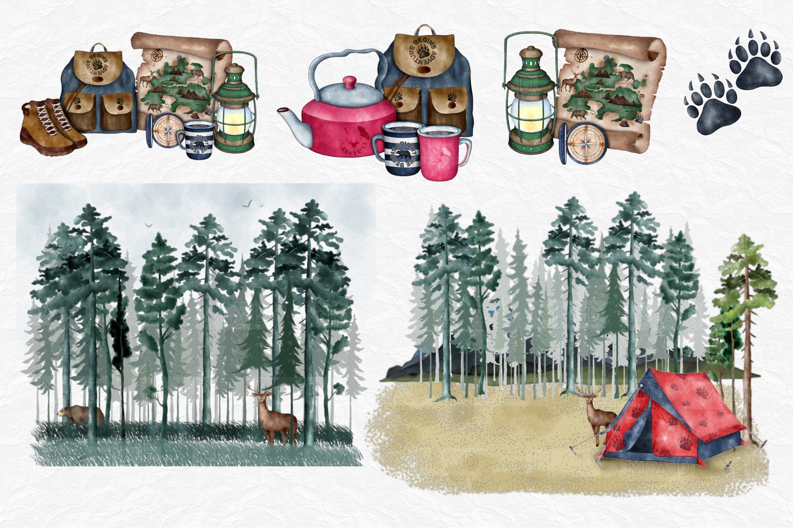Watercolor Camping Clip Art Summer Outdoor Woodland Adventure - Etsy