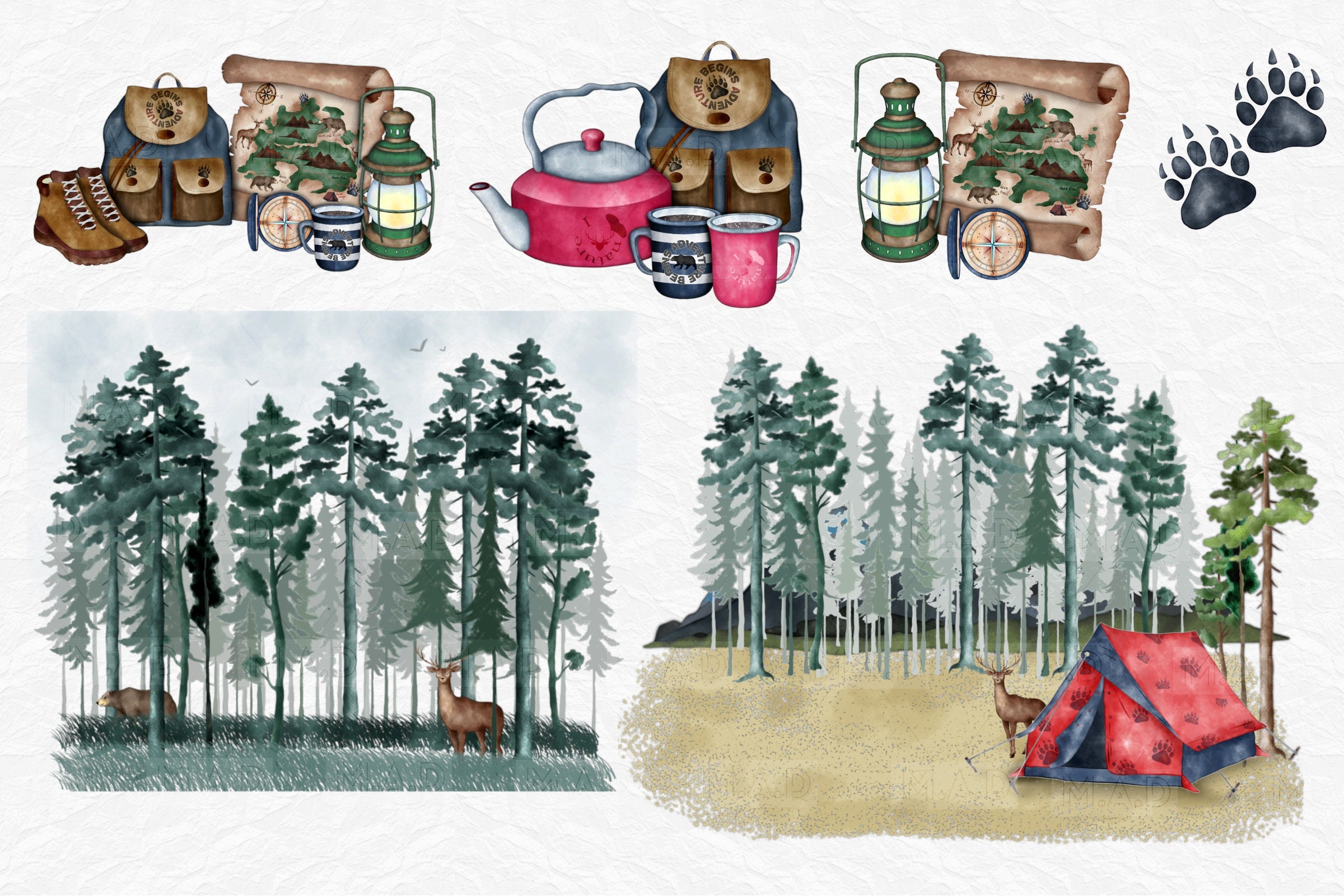 Watercolor Camping Clip Art Summer Outdoor Woodland Adventure - Etsy