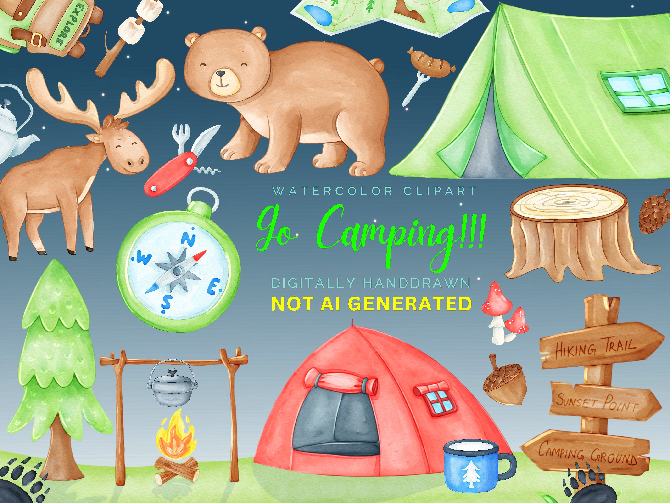 Watercolor Camping Clipart Bundle: Summer Campfire PNG Files (digital ...