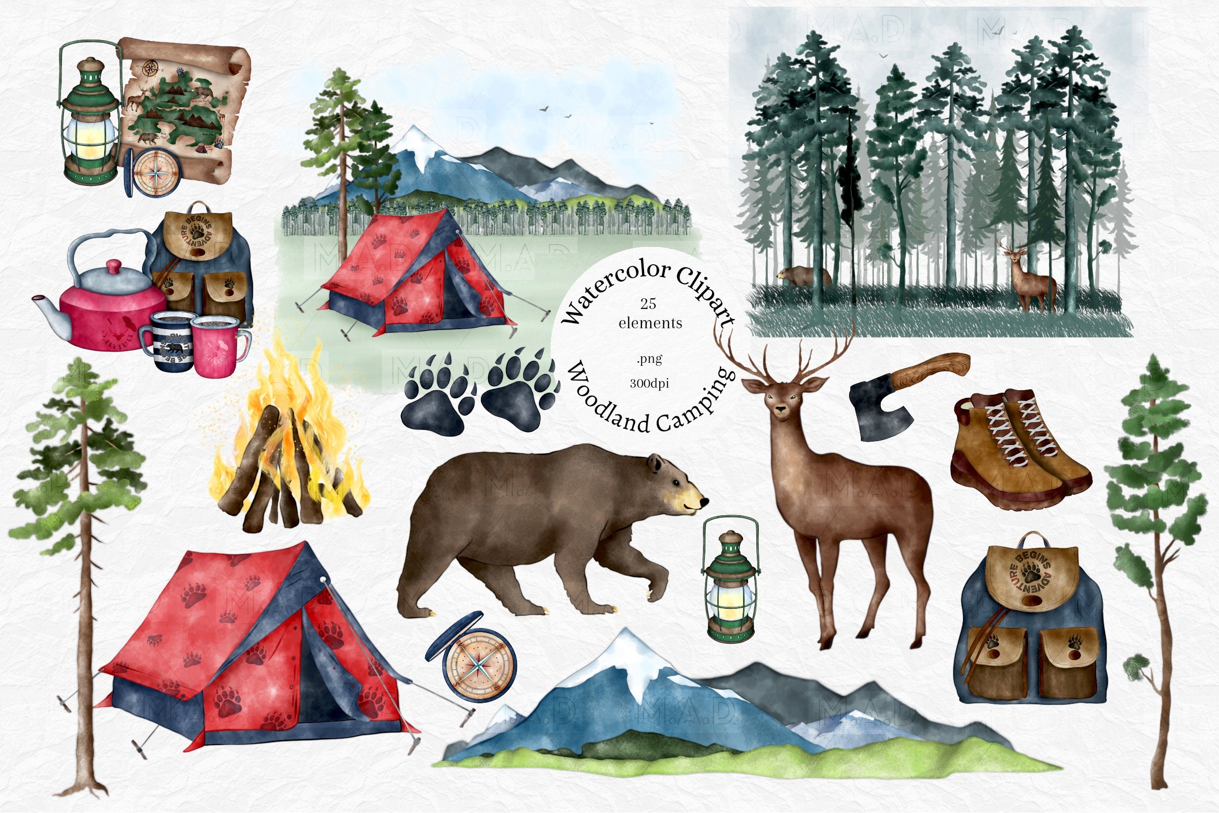 Watercolor Camping Clip Art Summer Outdoor Woodland Adventure - Etsy