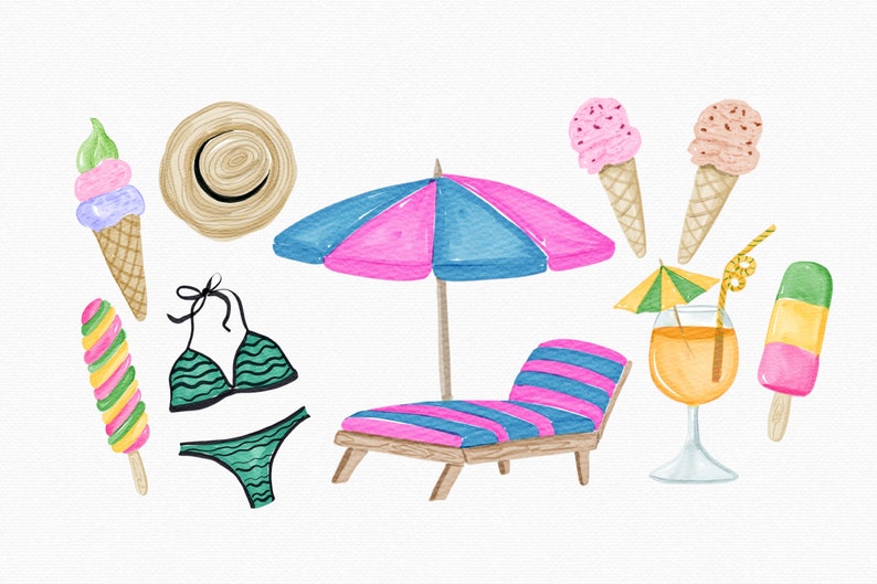 Watercolor Pool Party Clipart: Summer Vacation PNG Graphics (digital ...