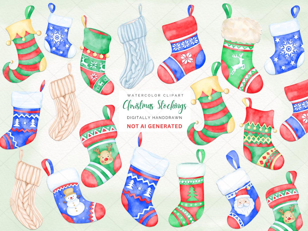 Christmas Stocking Clipart Bundle, Watercolor Christmas Sock PNG Clip ...