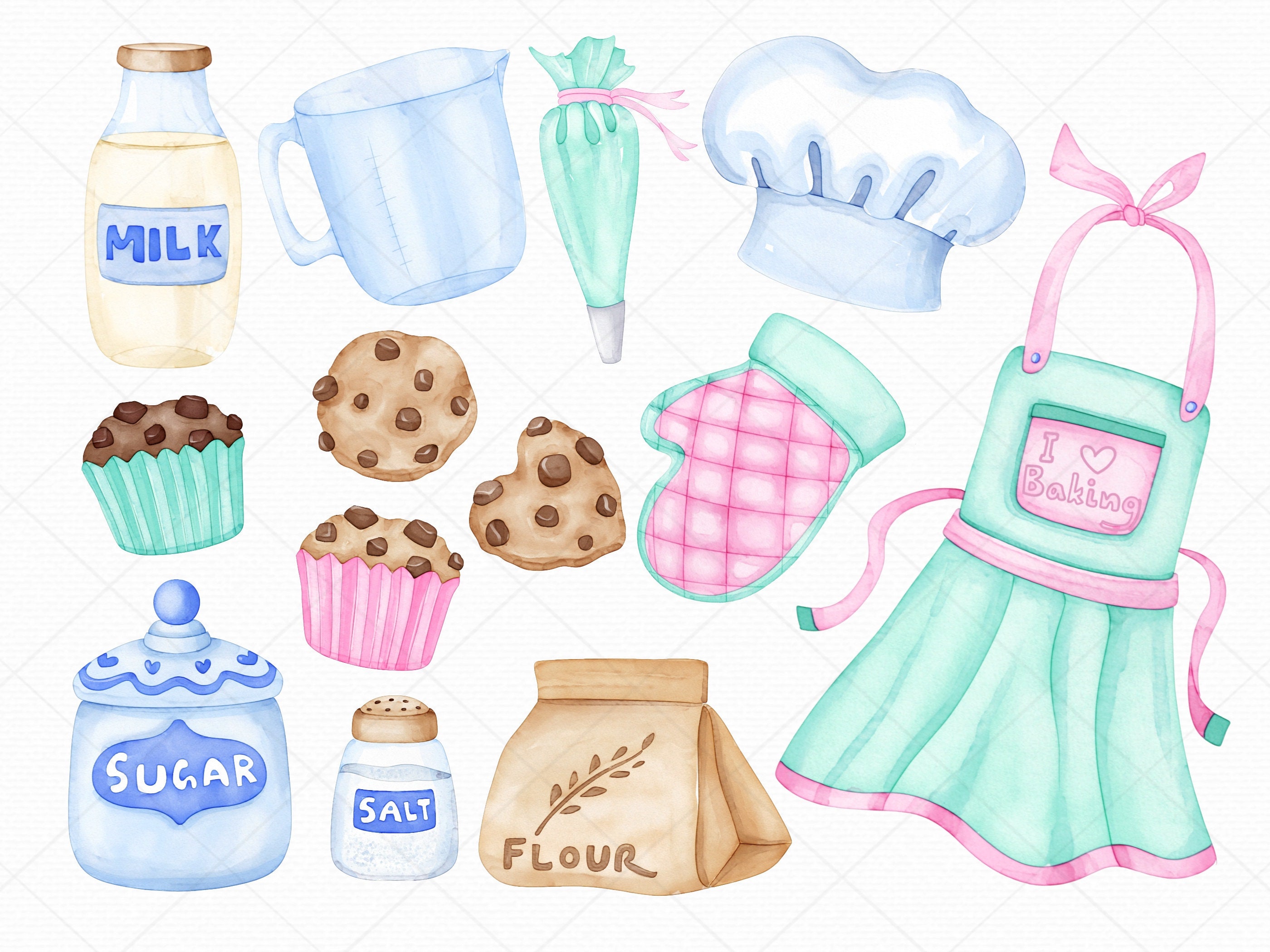Watercolor Baking Clipart, Baking Supplies Clipart, Cute Baker, Bakery ...