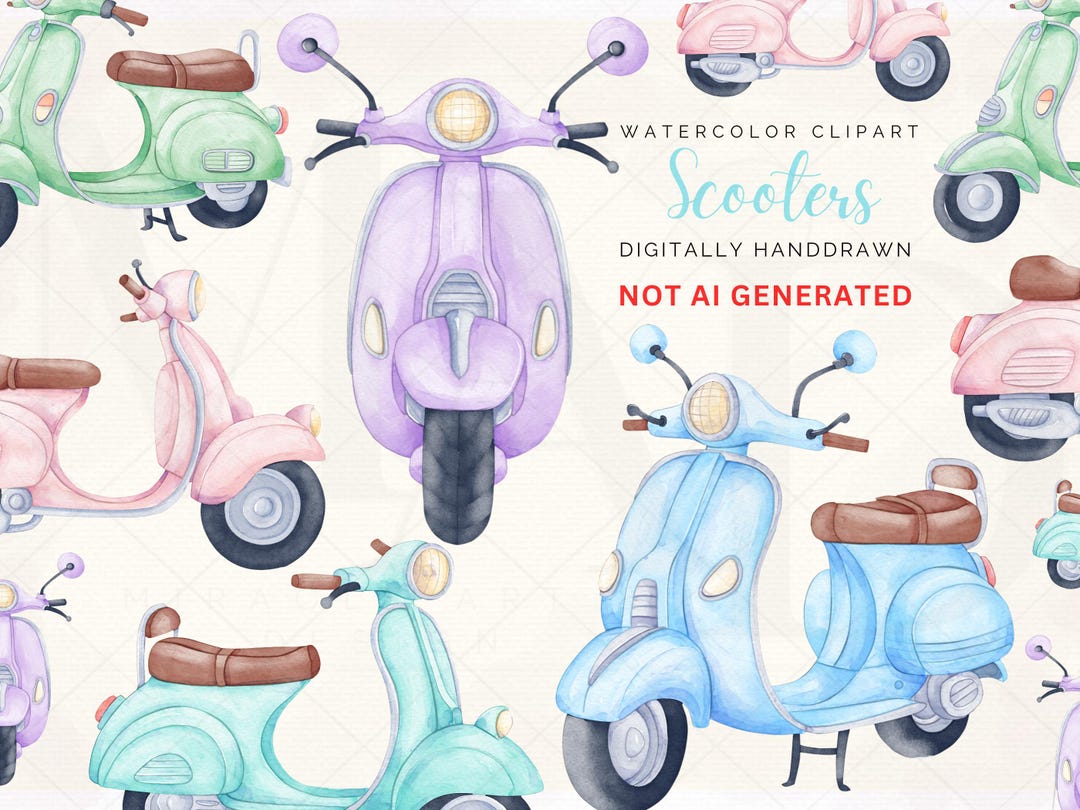Retro Scooter Watercolor Clipart Bundle, Pastel Vintage Moped Png ...