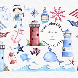 Nautical Kids Clipart,watercolor Summer Clipart,lighthouse Anchor ...