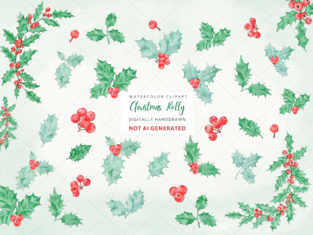 Christmas Holly Watercolor Clipart: Festive Foliage PNG Images ...