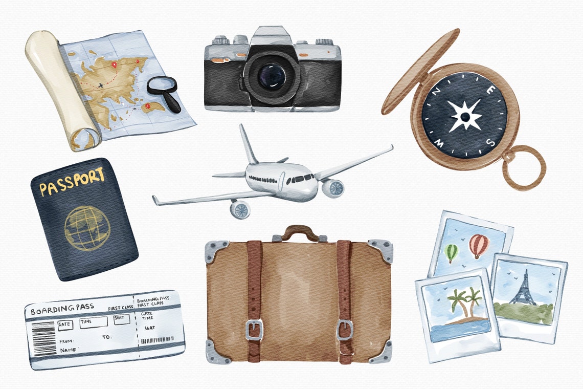 Watercolor Travel Clipart: Summer Vacation Graphics (PNG Digital ...