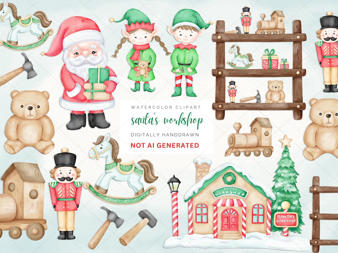 Santa's Workshop Clipart, Watercolor Christmas Clipart, Santa's Helpers ...