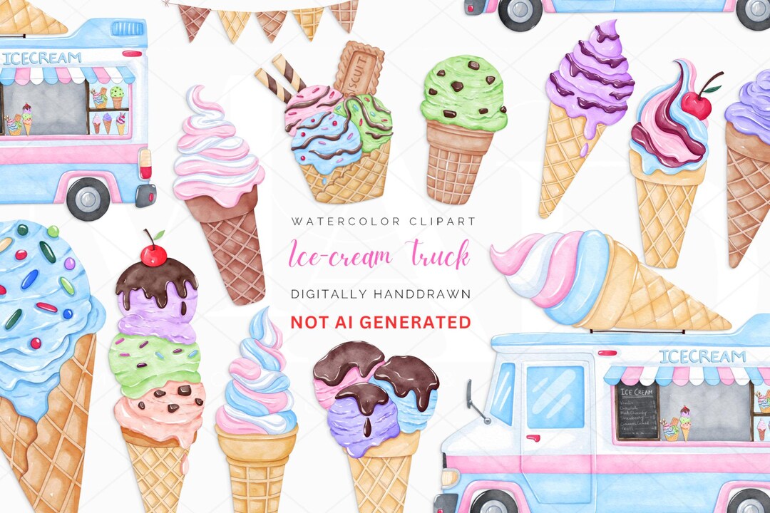 Watercolor Ice Cream Truck Clipart Bundle: Summer PNG Graphics (digital ...