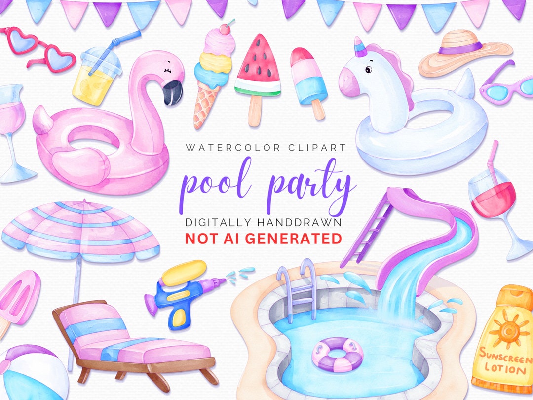 Watercolor Pool Party Clipart: Summer Vacation PNG Graphics - Etsy