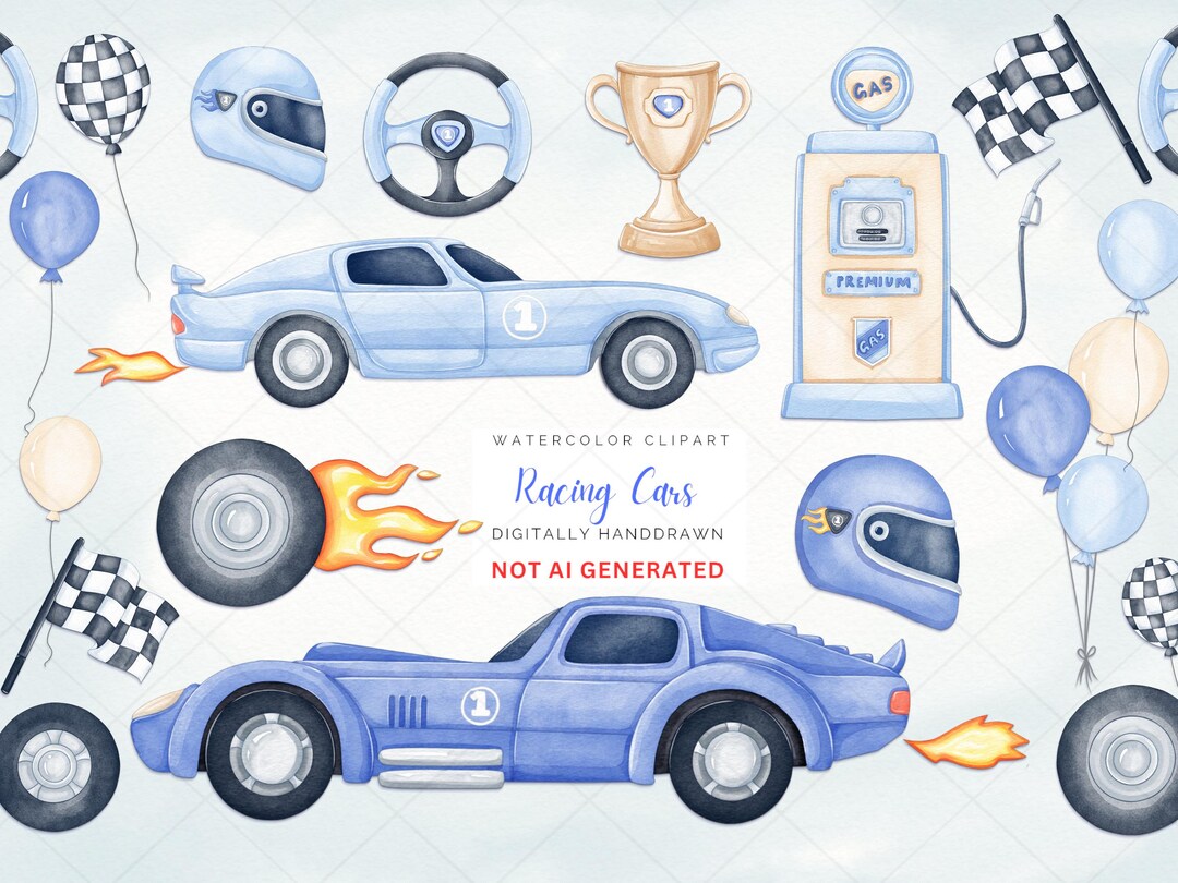 Watercolor Blue Race Cars Clipart: Boy Nursery Decor (PNG Digital ...