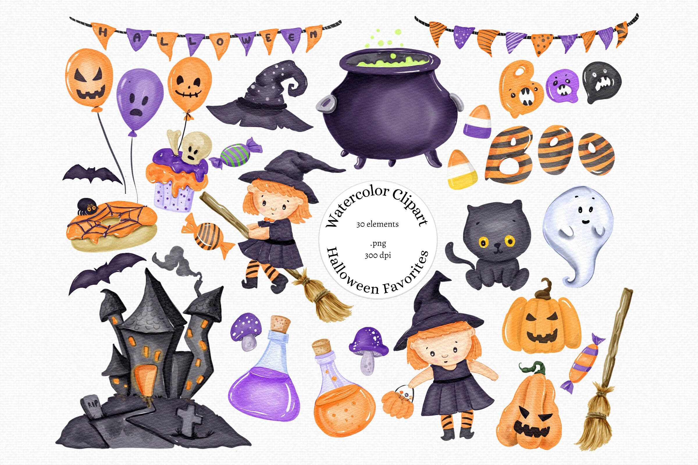 Watercolor Halloween Clipart Cute Halloween Clipart PNG - Etsy
