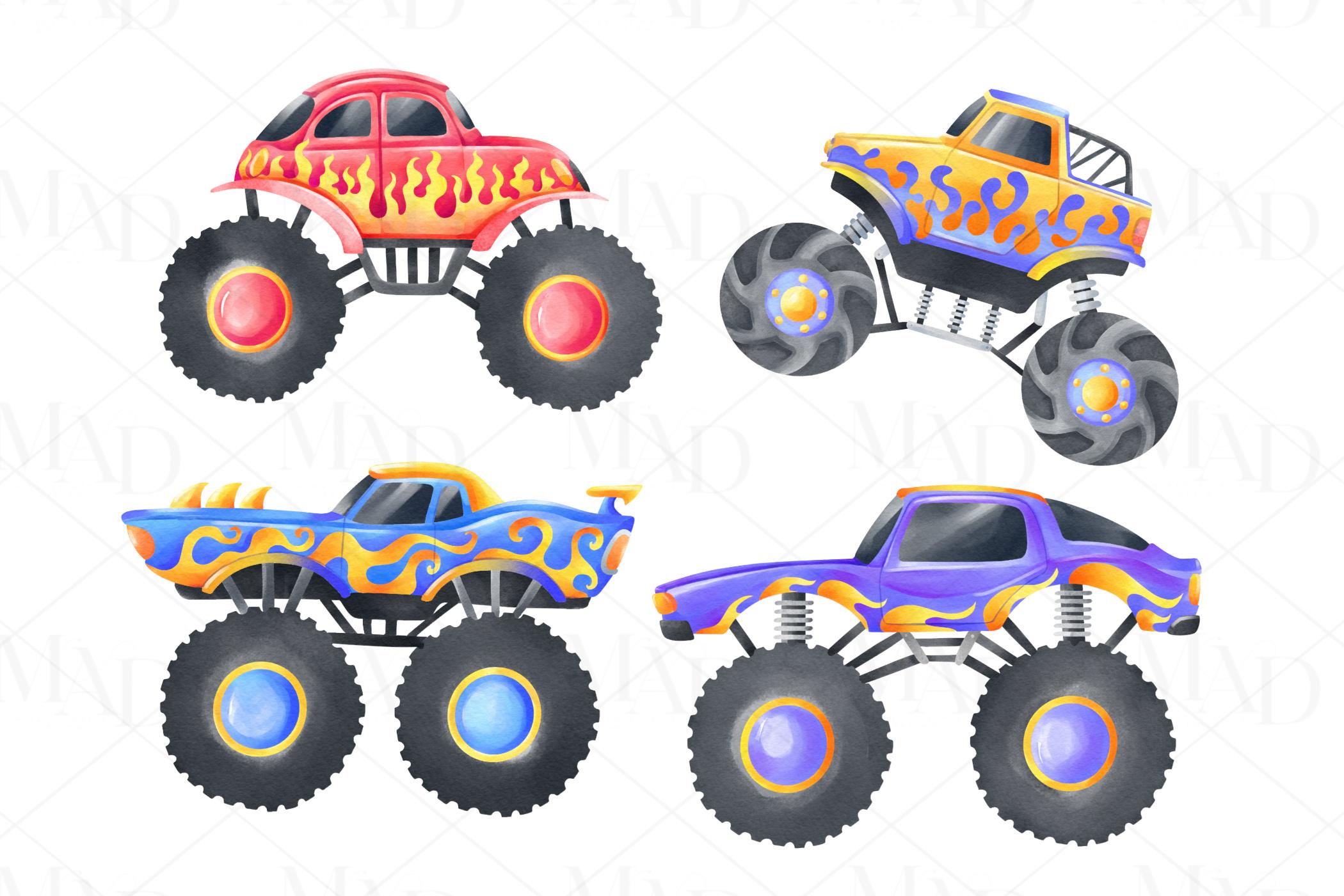 Watercolor Monster Trucks Clipart: Off-road Racing PNG (digital ...