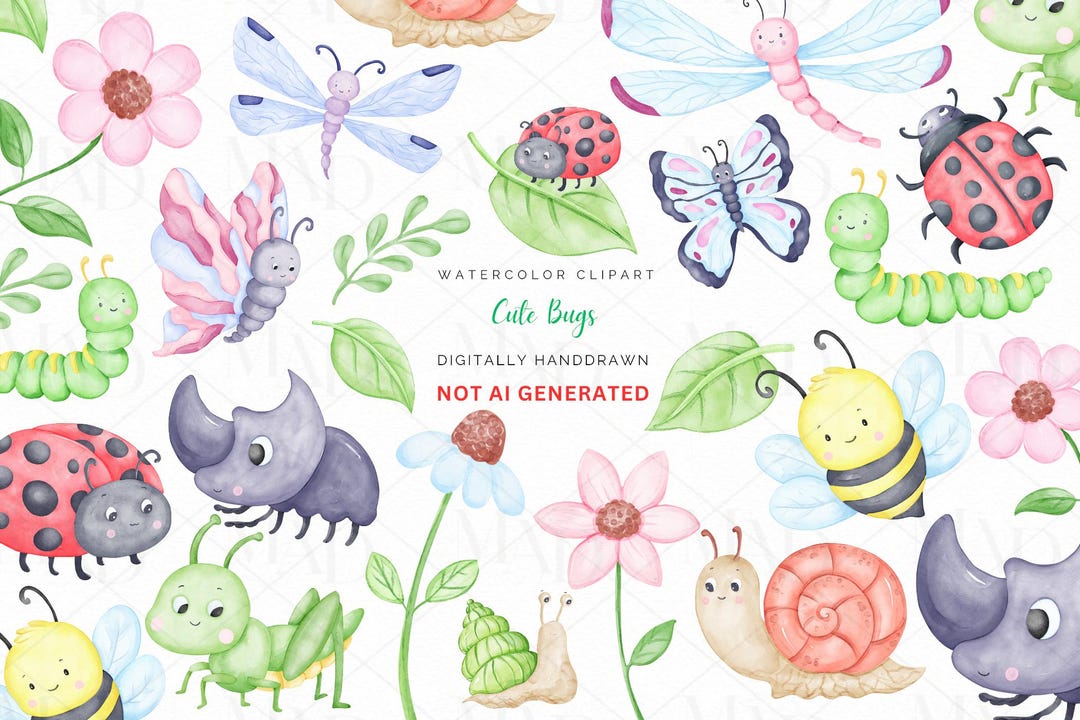 Cute Bugs and Insects Clipart Bundle, Watercolor Bugs Clip Art Set ...