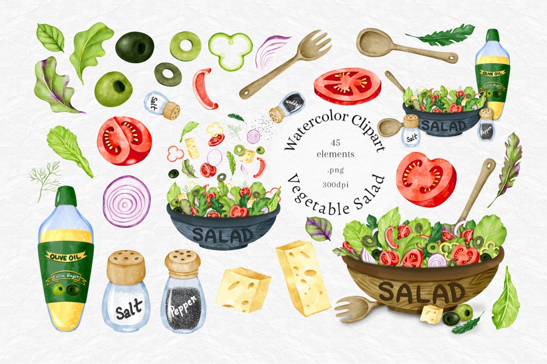 Watercolor Salad Clipart: 50 PNG Healthy Food Illustrations (commercial ...